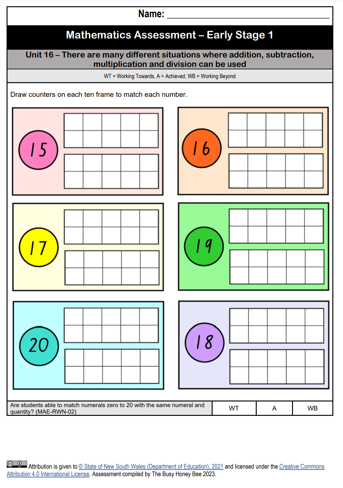 Kindergarten Editable Maths Assessment Task 16 – The Busy Honey Bee