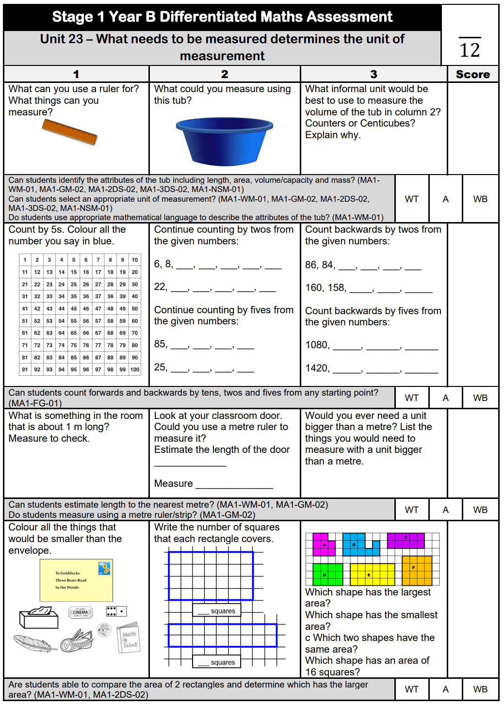 Stage 1 Year B Differentiated Maths Assessment Unit 23 – The Busy Honey Bee
