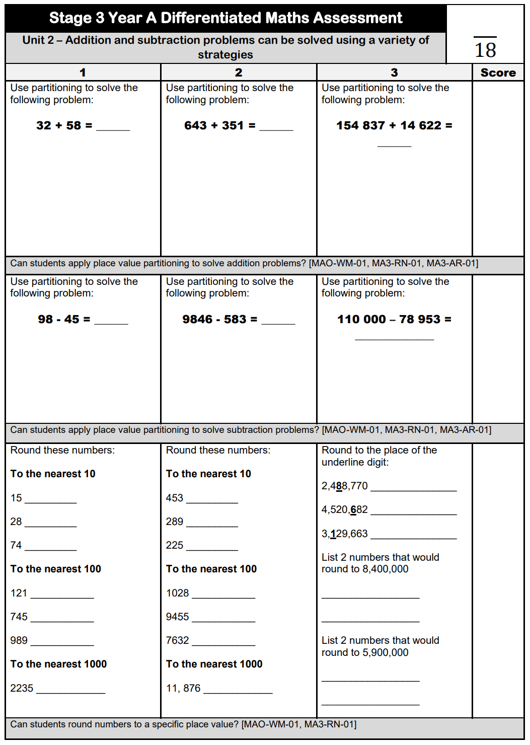 Stage 3 Year A Differentiated Maths Assessment Unit 2 – The Busy Honey Bee