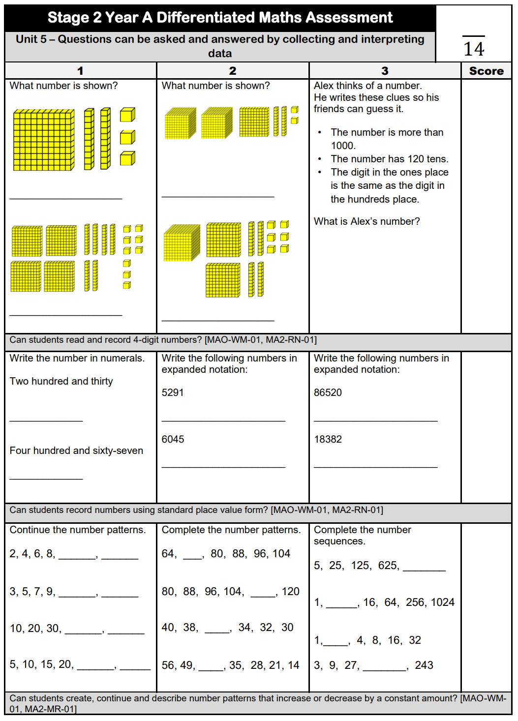 Stage 2 Year A Differentiated Maths Assessment Unit 5 – The Busy Honey Bee
