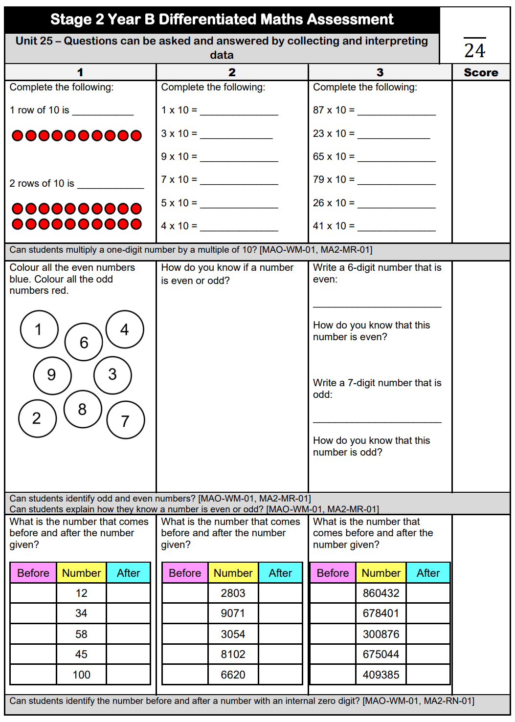Stage 2 Year B Differentiated Maths Assessment Unit 25 – The Busy Honey Bee