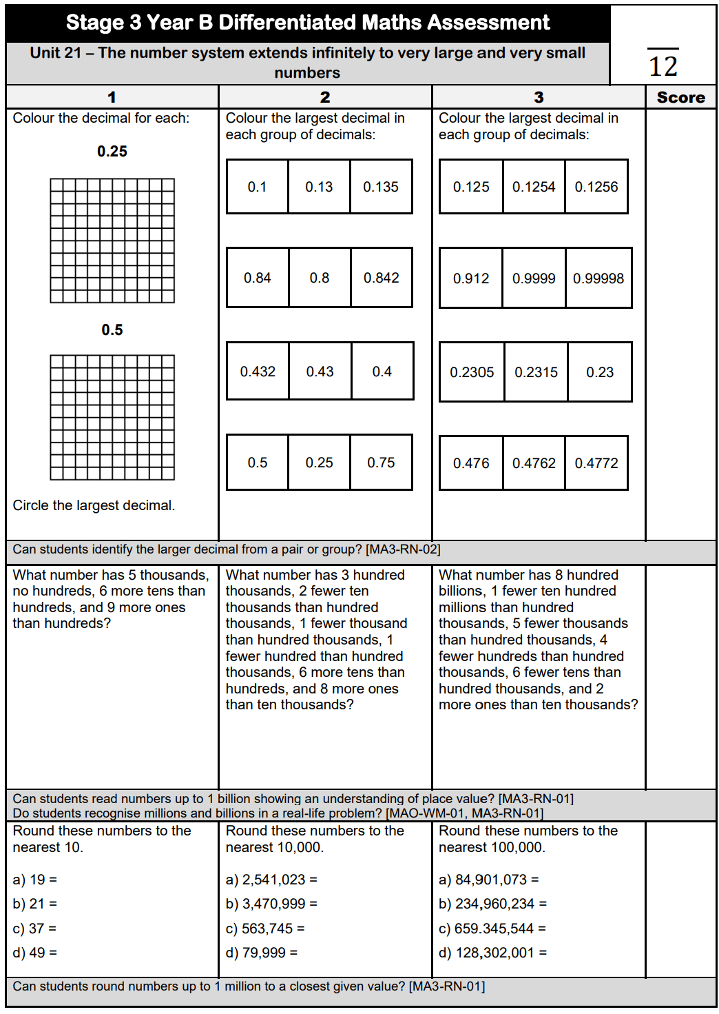 Stage 3 Year B Differentiated Maths Assessment Unit 21 – The Busy Honey Bee