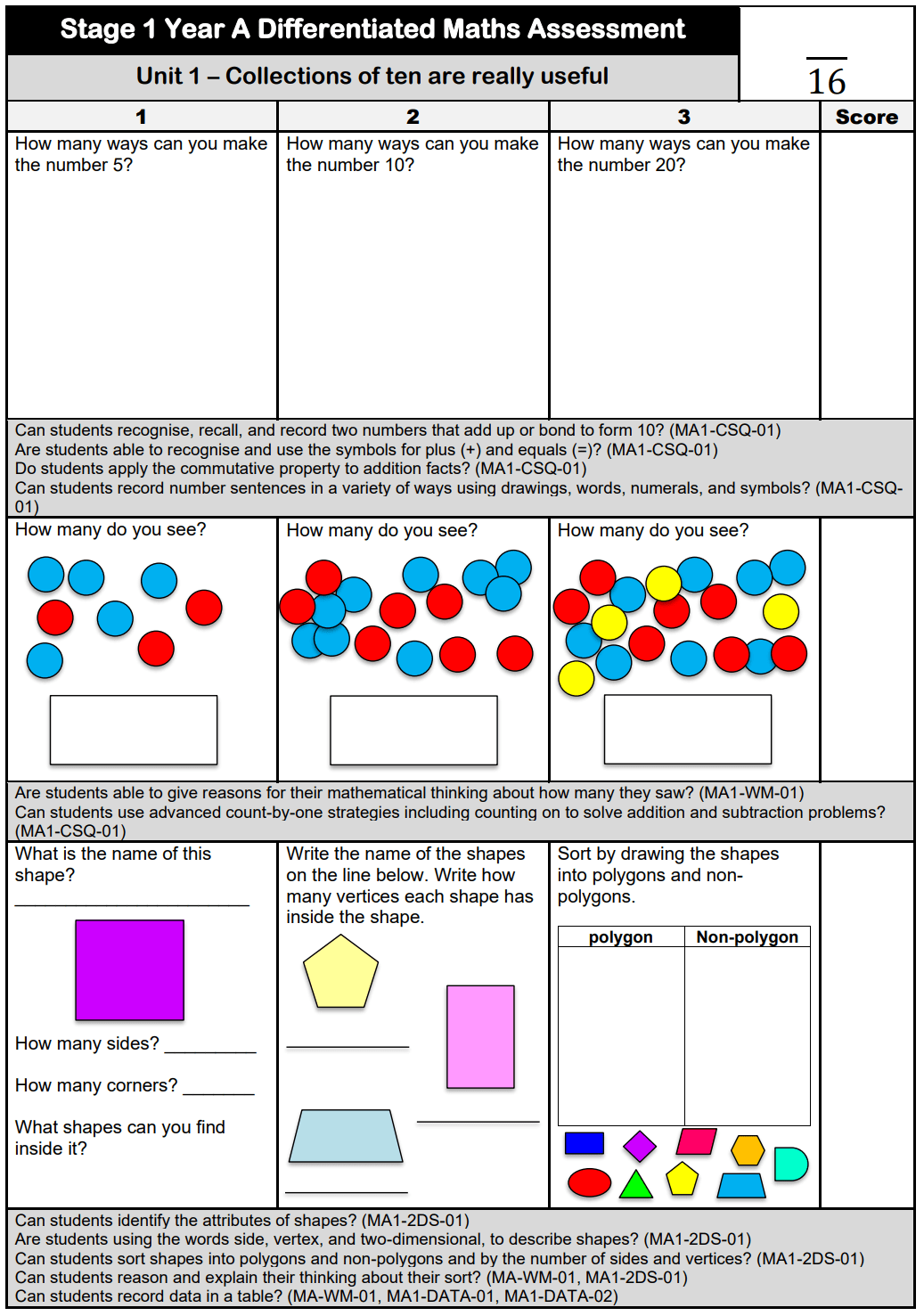 Stage 1 Year A Differentiated Maths Assessment Unit 1 – The Busy Honey Bee