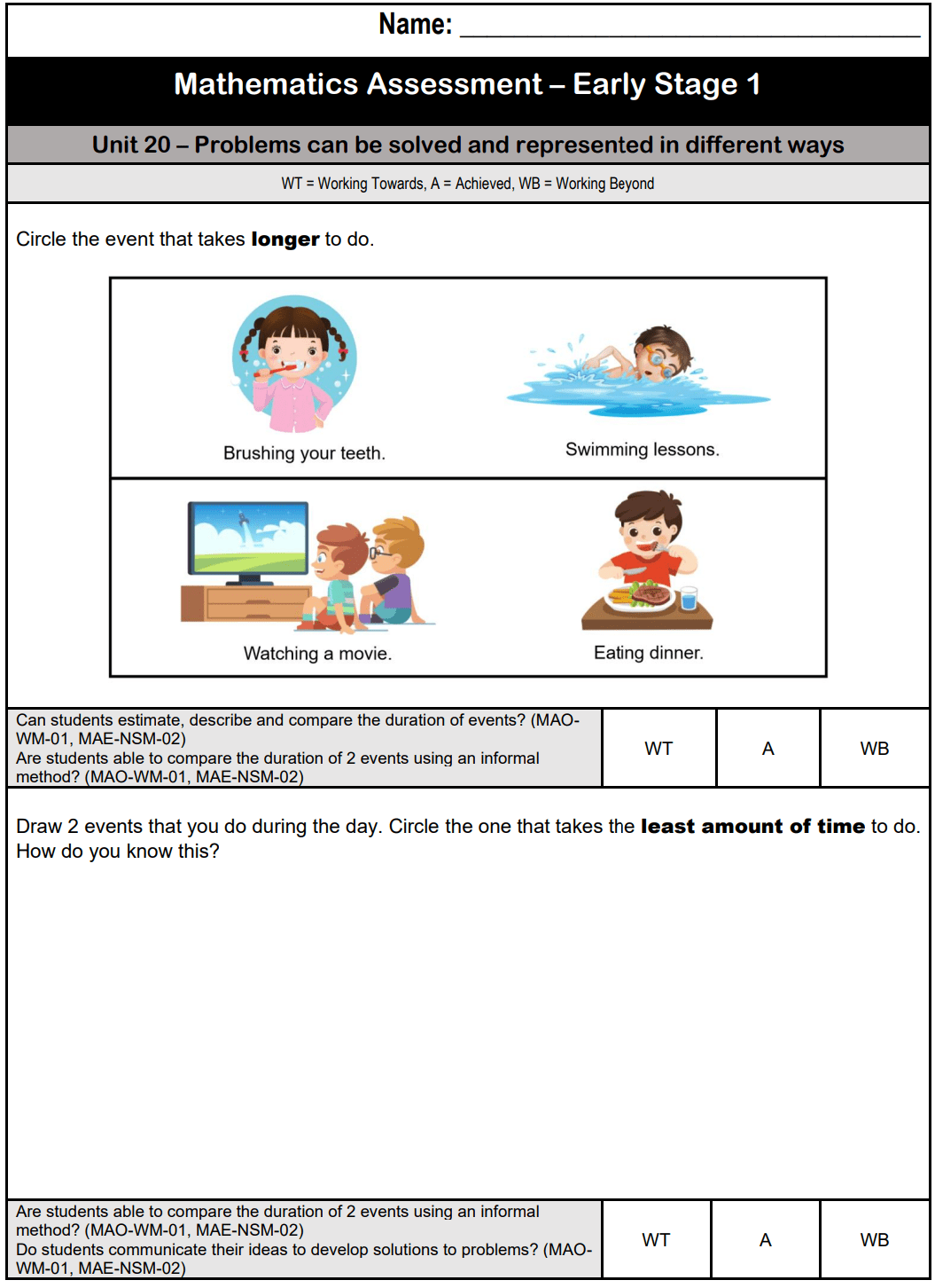 Kindergarten Editable Maths Assessment Task 20 – The Busy Honey Bee
