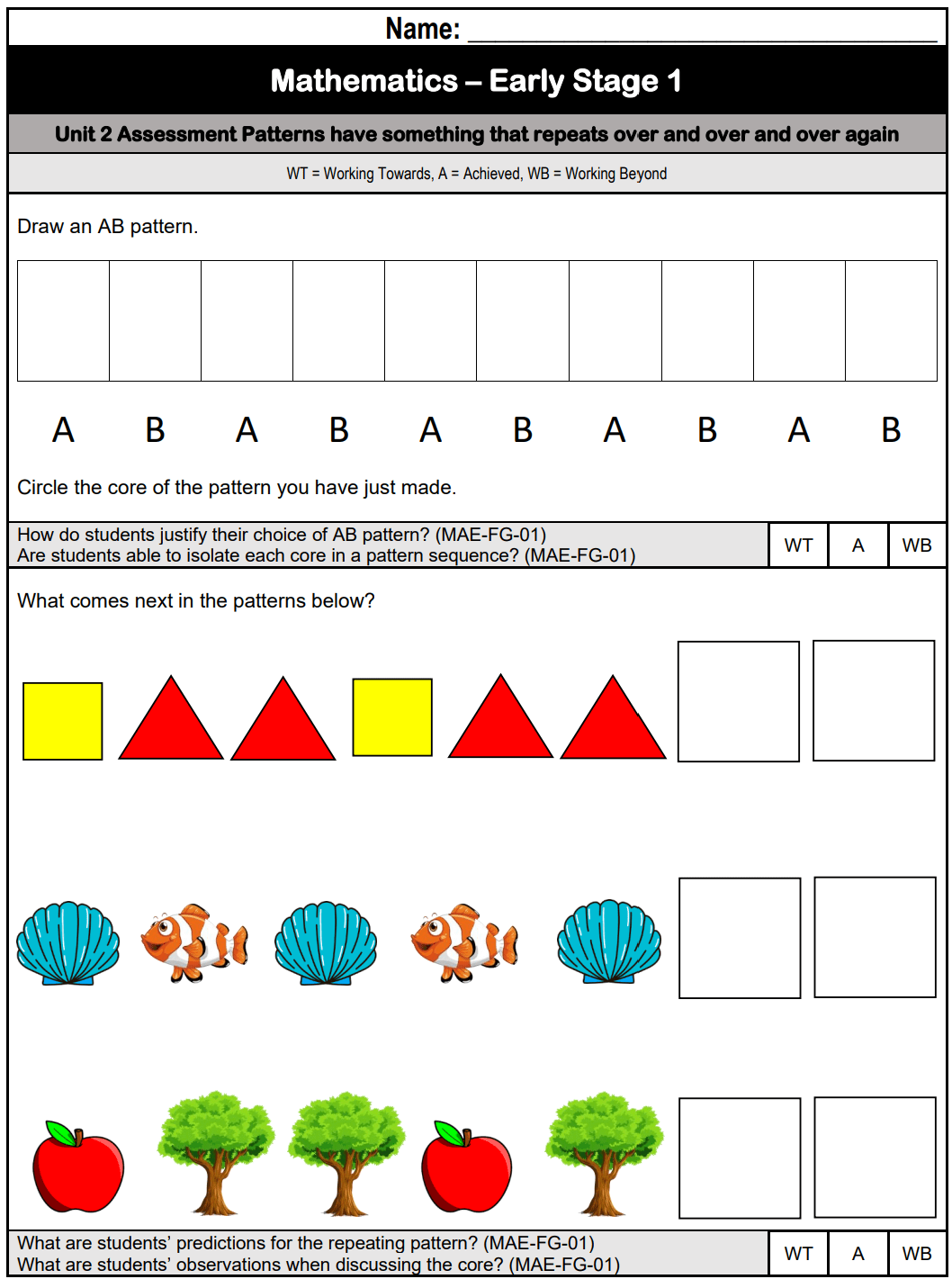 Kindergarten Editable Maths Assessment Task 2 – The Busy Honey Bee